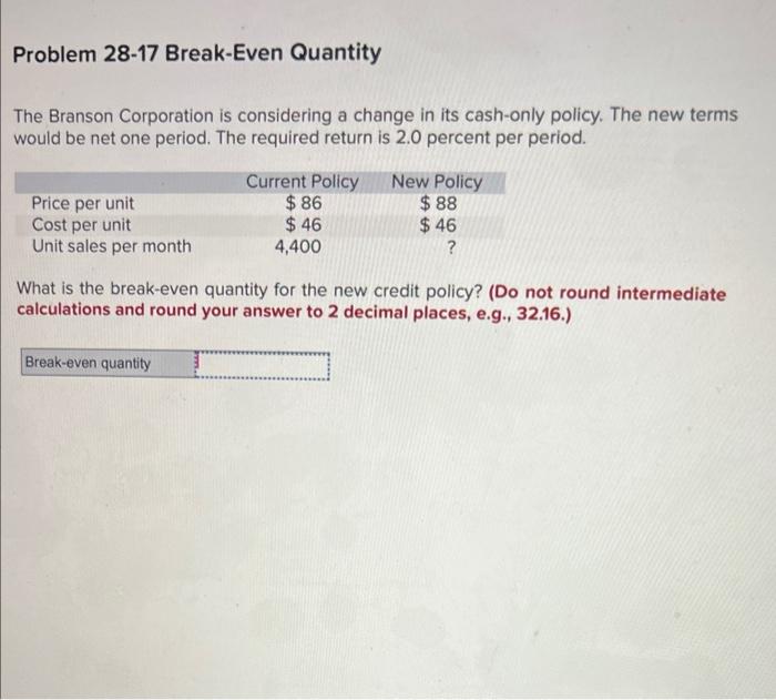 Solved Problem 28-17 Break-Even Quantity The Branson | Chegg.com