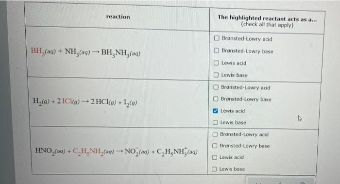 Solved reaction The highlighted reactant acts as a... (check | Chegg.com