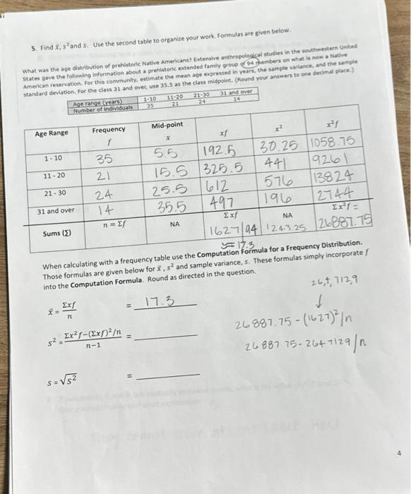 Solved 5. Find x~,s2 and s. Use the second table to organize | Chegg.com