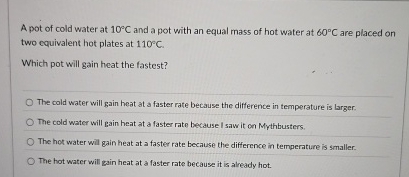 Solved A pot of cold water at 10°C ﻿and a pot with an equal | Chegg.com