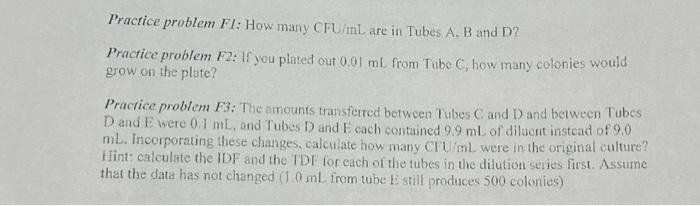 Solved Practice problem F1: How many CFU/mL are in Tubes A. | Chegg.com
