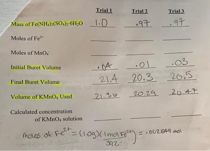 Solved how do i calculate mole of Fe2+, MnO4- and calculated | Chegg.com