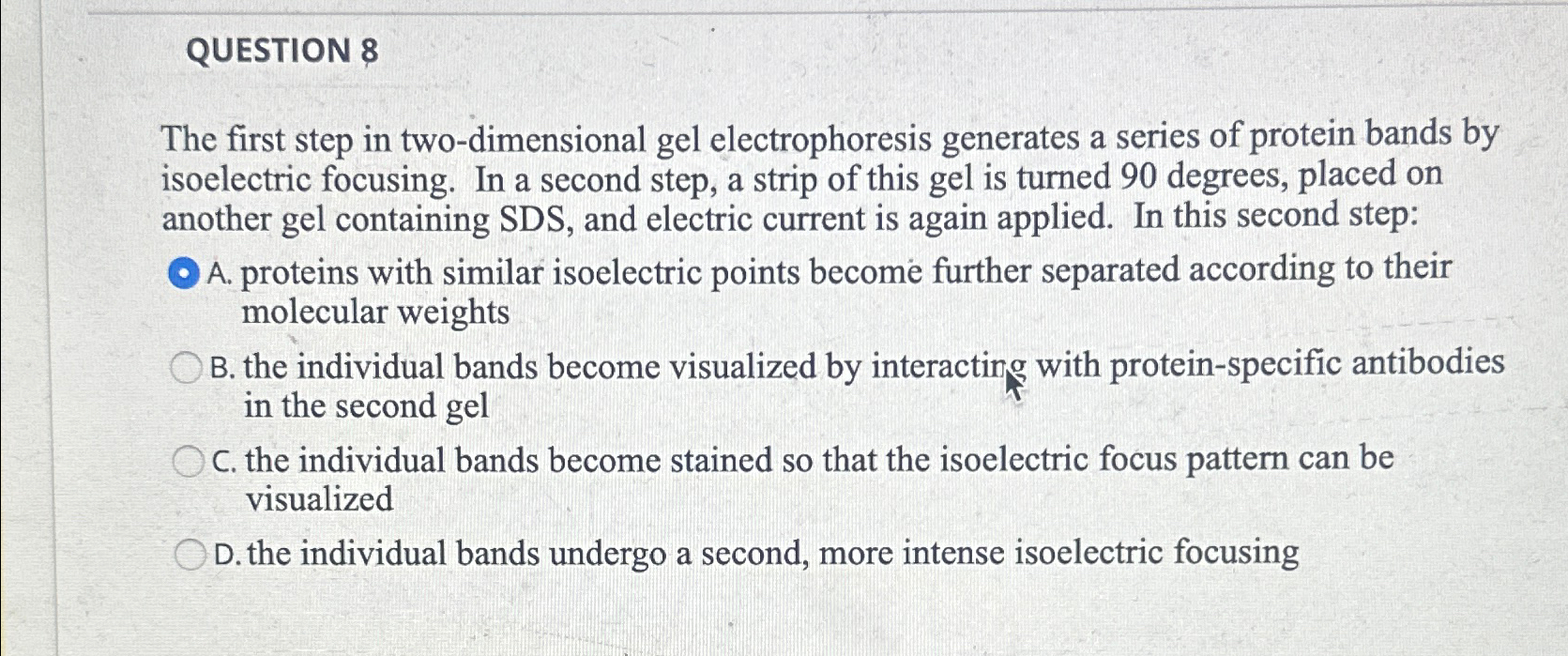 Solved QUESTION 8The first step in two-dimensional gel | Chegg.com