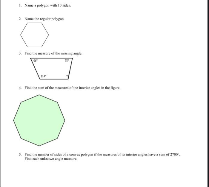 Solved 1. Name a polygon with 10 sides. 2. Name the regular | Chegg.com