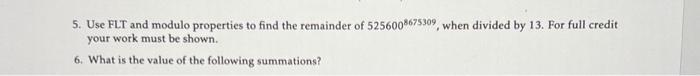 5. Use FLT and modulo properties to find the | Chegg.com