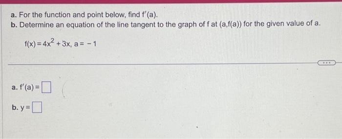 Solved a. For the function and point below, find f′(a). b. | Chegg.com