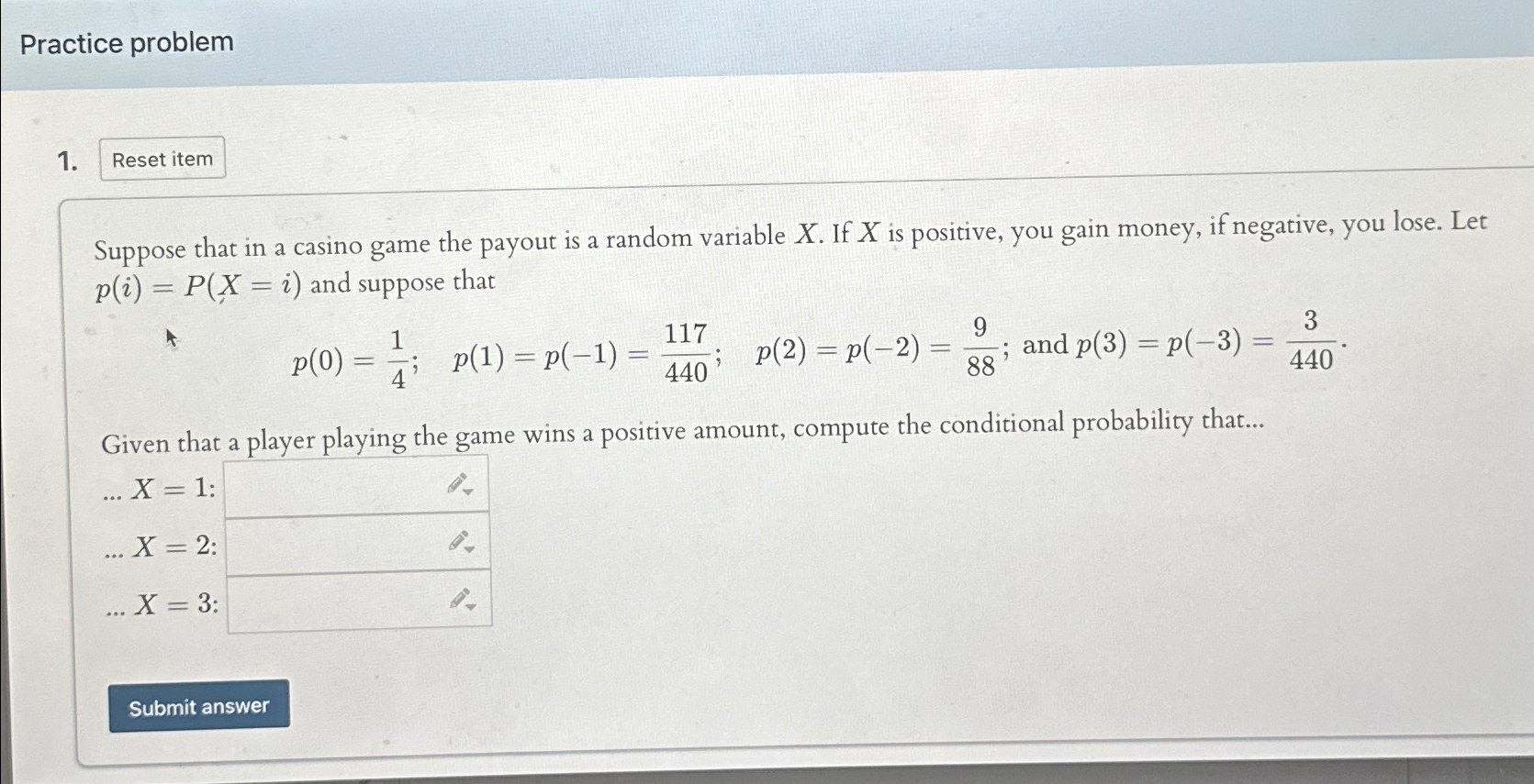 Solved Practice problem1.Suppose that in a casino game the | Chegg.com
