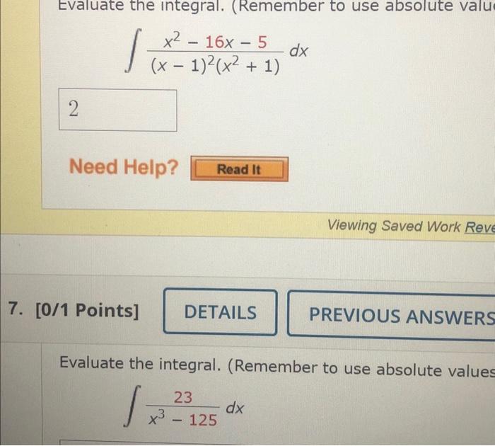 Solved ∫(x−1)2(x2+1)x2−16x−5dx Viewing Saved Work Rev | Chegg.com