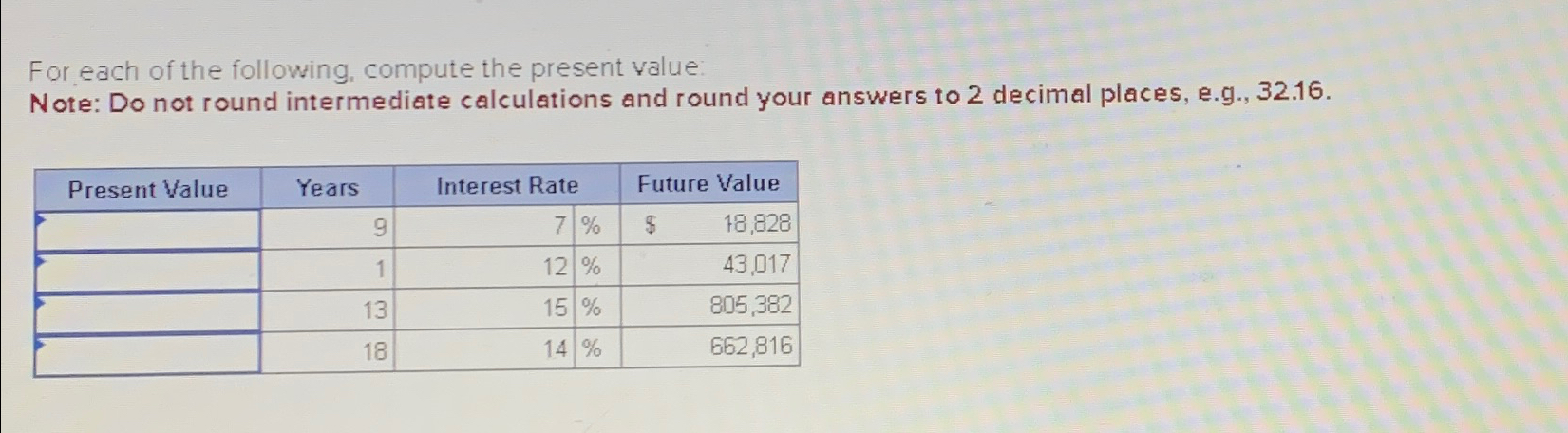 Solved For each of the following, compute the present | Chegg.com