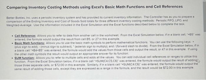 Solved Comparing Inventory Costing Methods using Excel's | Chegg.com
