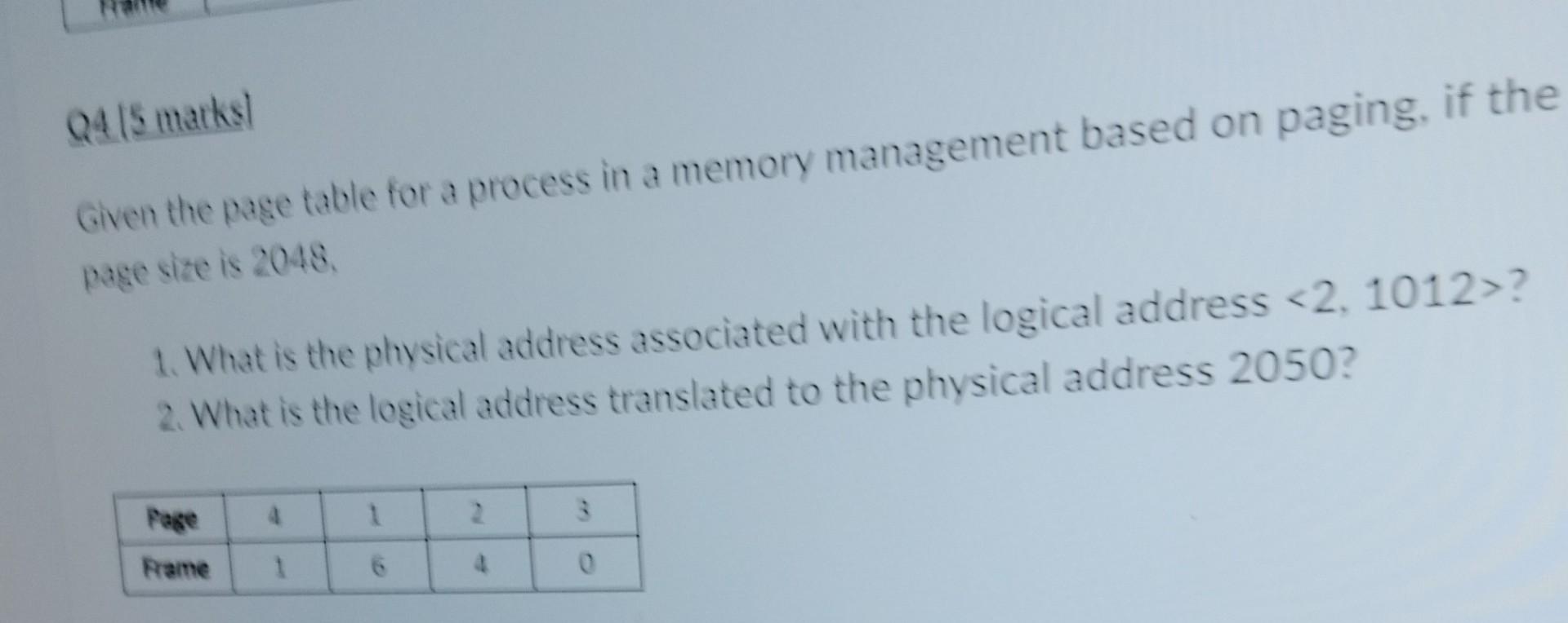 Solved Q4 45 marks) Given the page table for a process in a | Chegg.com