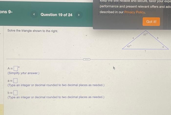 Solved Solve the triangle shown to the right. performance | Chegg.com