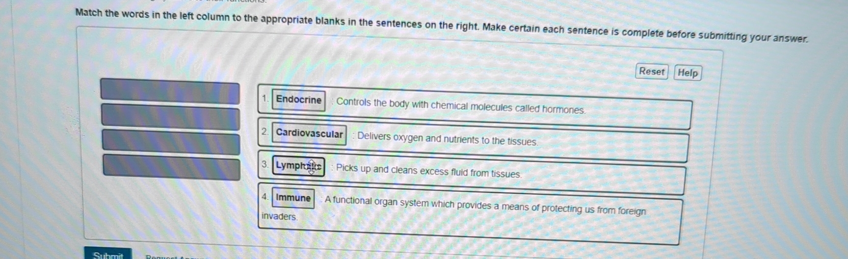 Solved Match the words in the left column to the appropriate | Chegg.com
