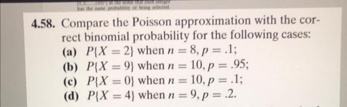 Solved 58. Compare the Poisson approximation with the | Chegg.com