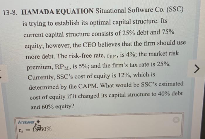 Solved 13-8. HAMADA EQUATION Situational Software Co. (SSC) | Chegg.com