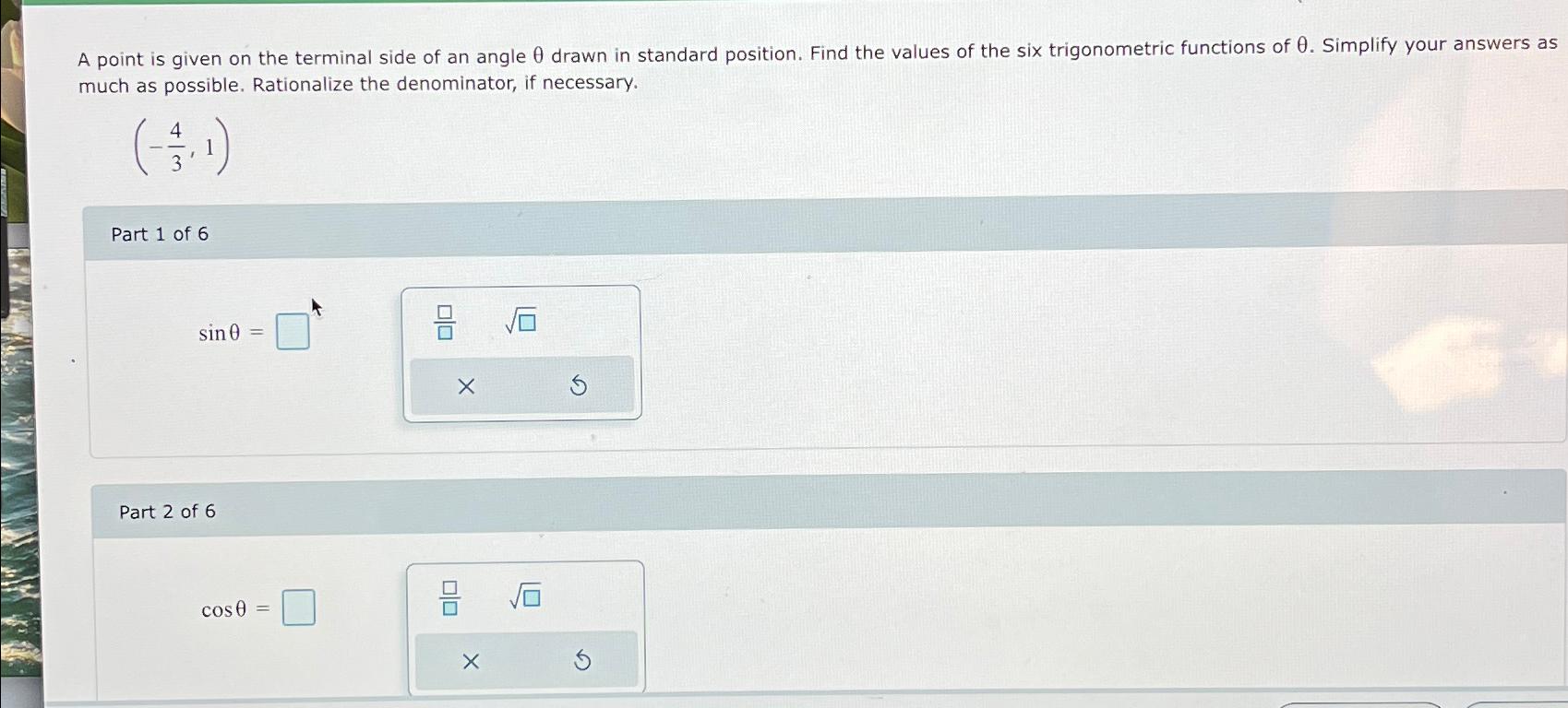 Solved A point is given on the terminal side of an angle θ | Chegg.com