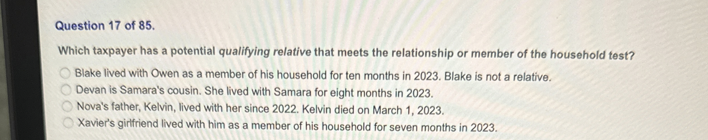 Solved Question 17 ﻿of 85.Which taxpayer has a potential | Chegg.com