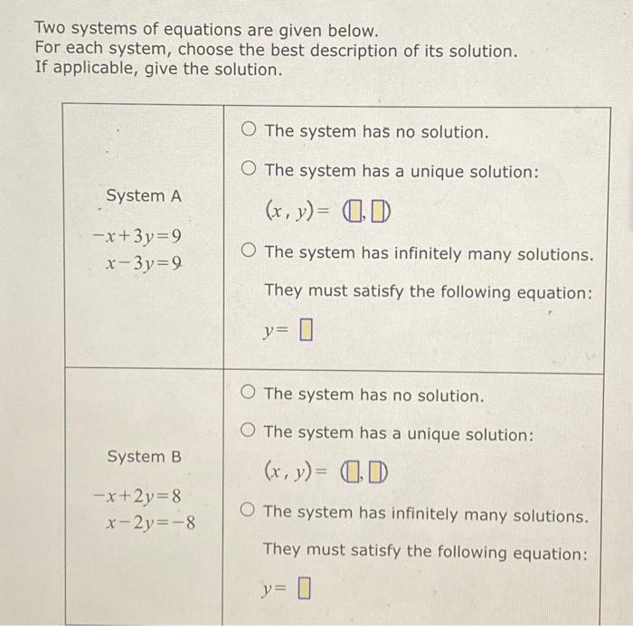 Solved Two systems of equations are given below. For each | Chegg.com