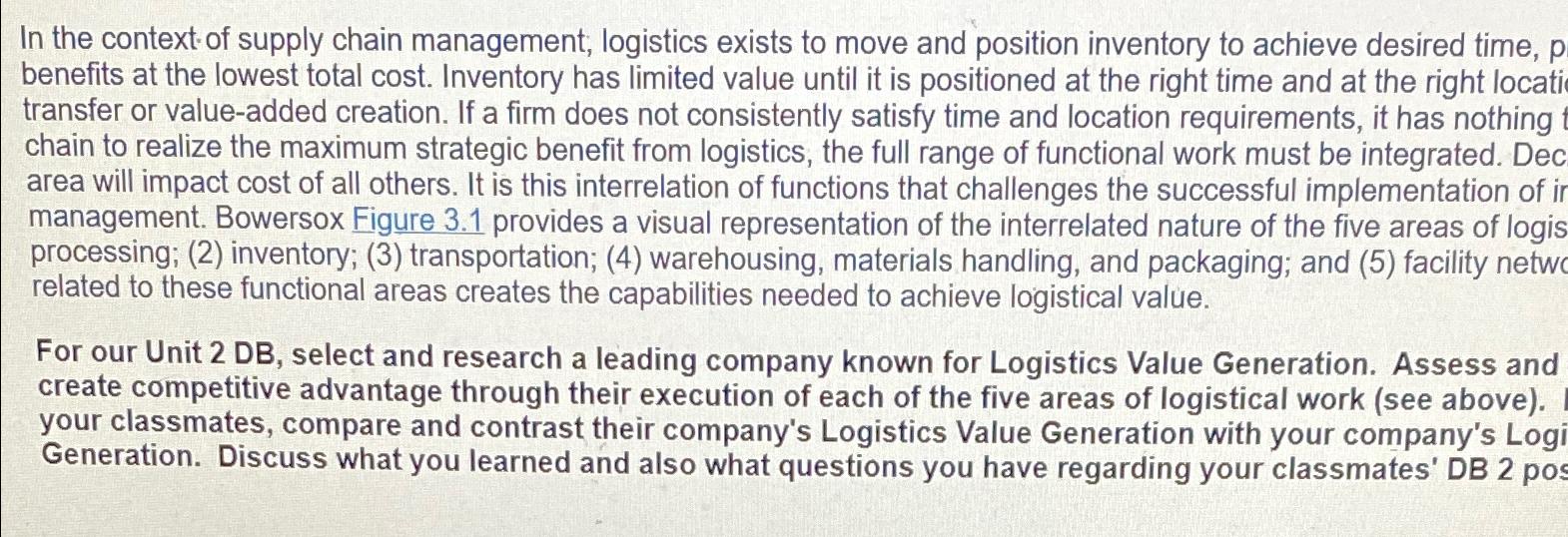 Solved In the context of supply chain management; logistics | Chegg.com