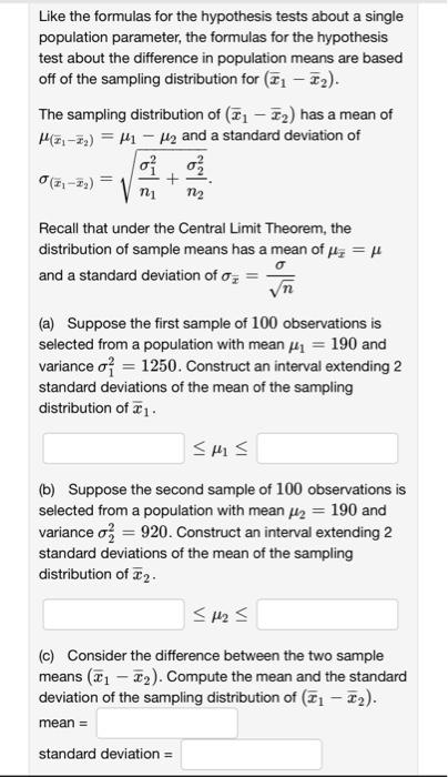Solved Like the formulas for the hypothesis tests about a | Chegg.com