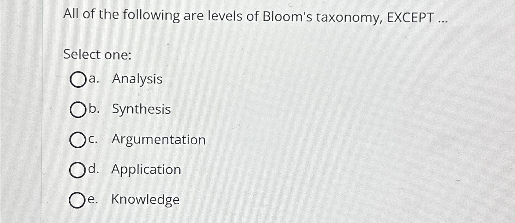Solved All of the following are levels of Bloom's taxonomy, | Chegg.com