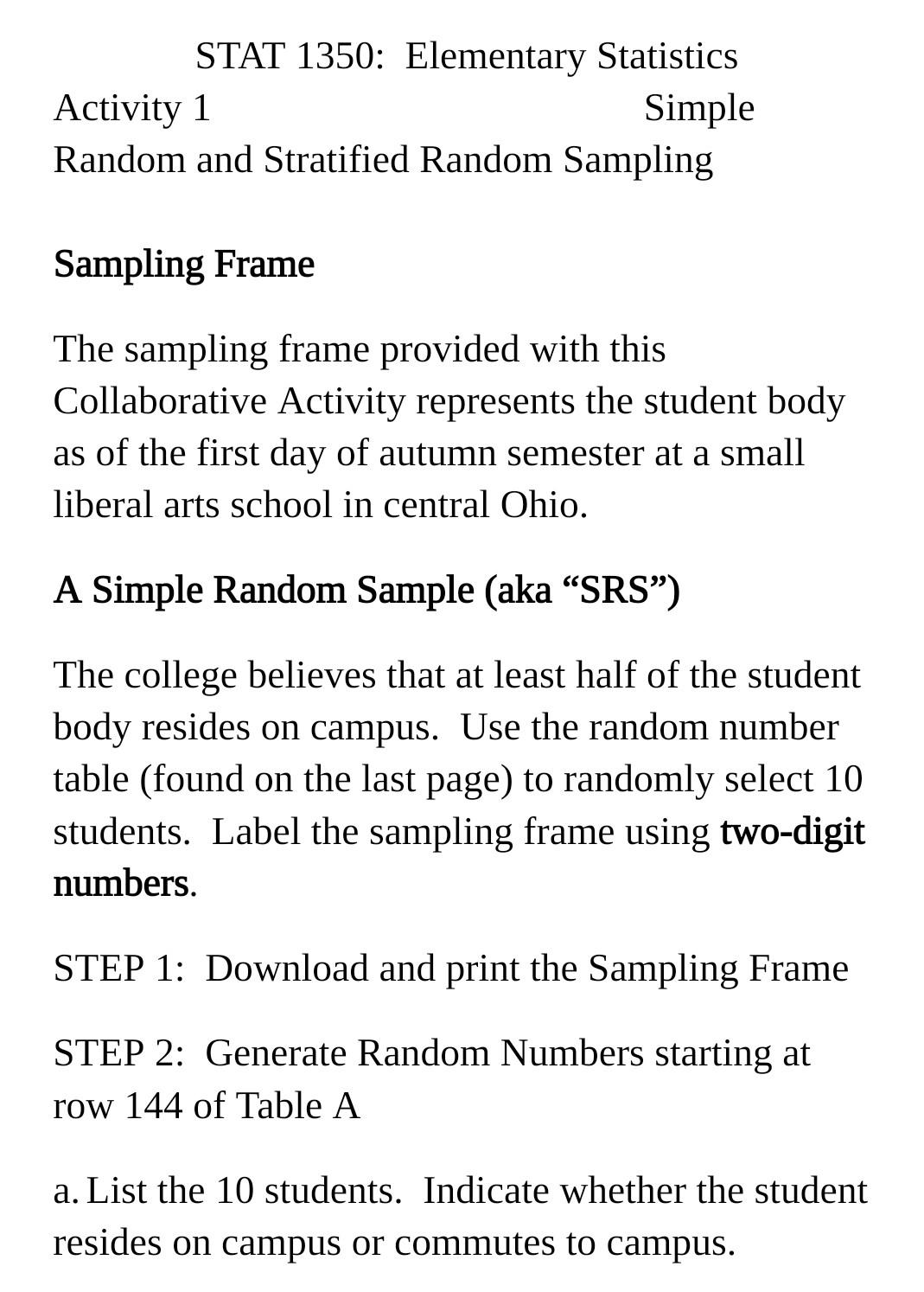 STAT 1350: Elementary Statistics Activity 1 Simple | Chegg.com