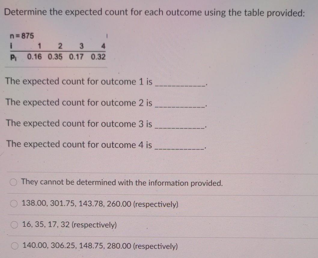 Solved Determine the expected count for each outcome using | Chegg.com