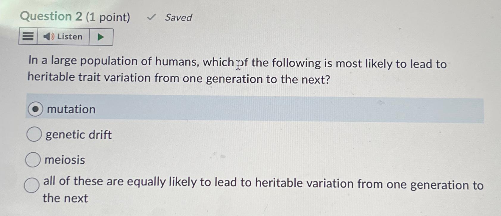 Solved Question 2 (1 ﻿point) ﻿SavedIn a large population of | Chegg.com