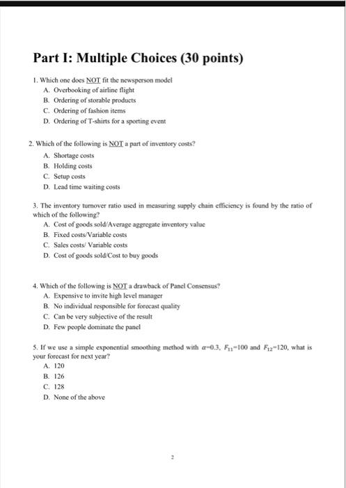 Solved Part I: Multiple Choices (30 points) 1. Which one | Chegg.com