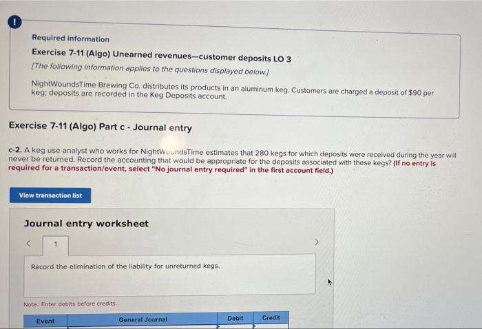Solved Required information Exercise 7-11 (Algo) Unearned | Chegg.com