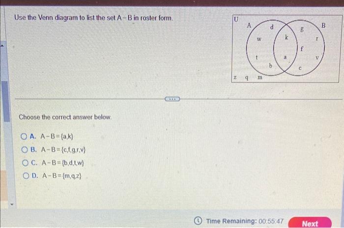 Solved Use the Venn diagram to list the set A-B in roster | Chegg.com
