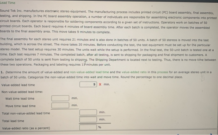 Solved Lead Time Sound Tek Inc. manufactures electronic | Chegg.com
