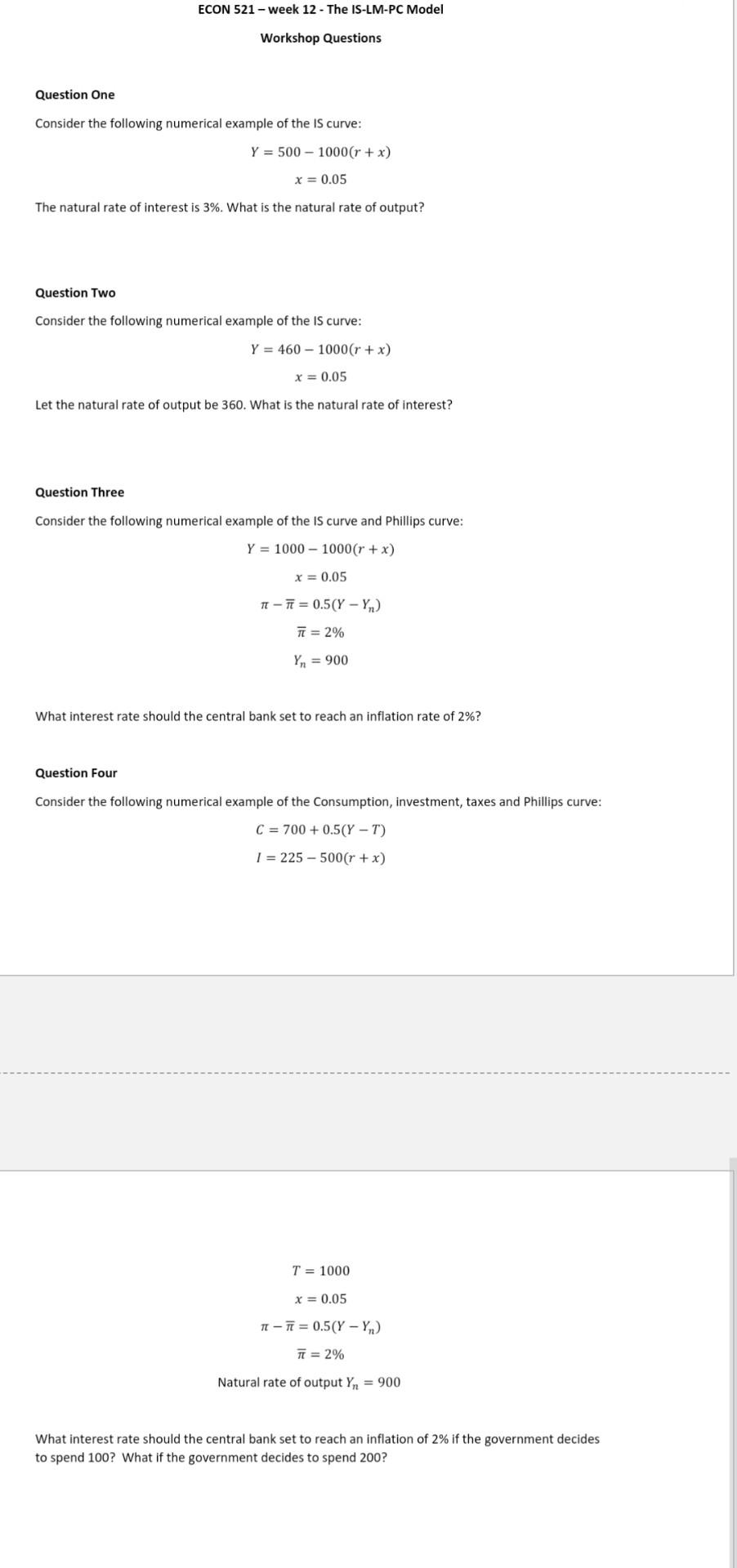 Solved ECON 521 - week 12 - The IS-LM-PC Model Workshop | Chegg.com