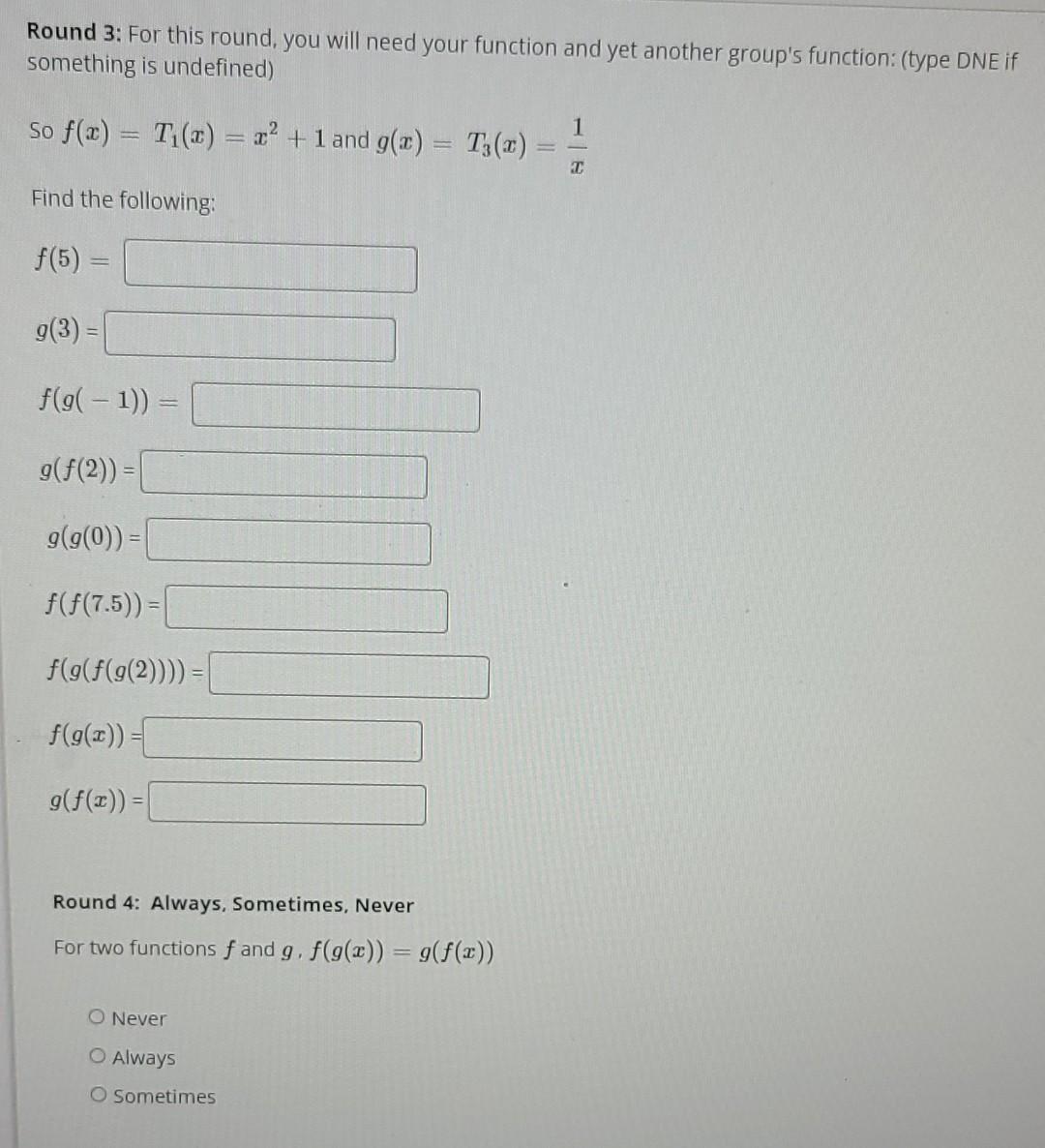 Solved Round 1: For this round, we need all 4 functions: | Chegg.com