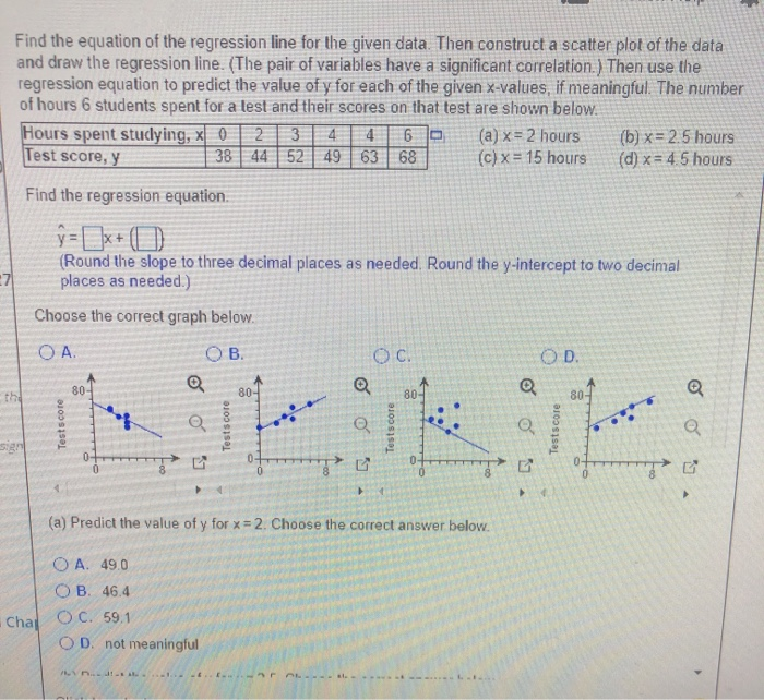 Solved Find the equation of the regression line for the | Chegg.com