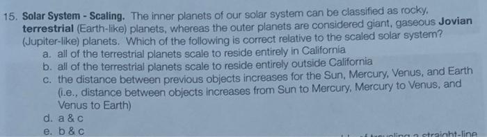 Solved 15. Solar System - Scaling. The inner planets of our | Chegg.com