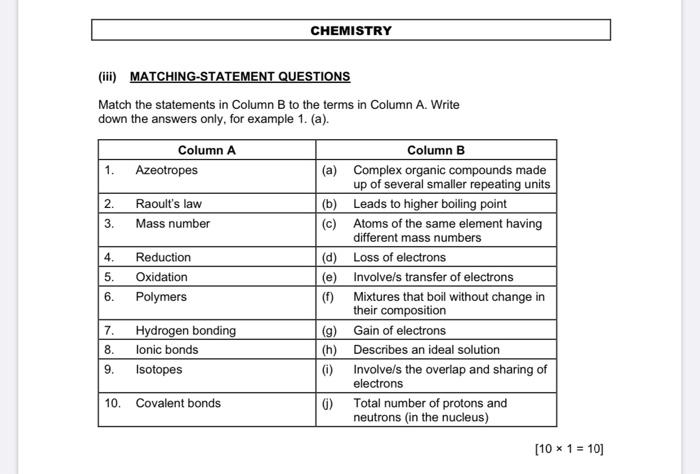 Solved CHEMISTRY (iii) MATCHING-STATEMENT QUESTIONS Match | Chegg.com