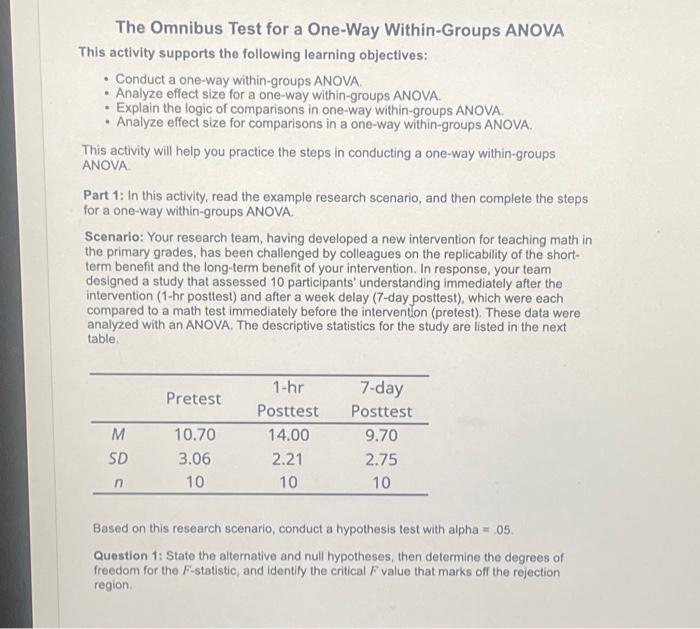 Solved The Omnibus Test for a One-Way Within-Groups ANOVA | Chegg.com