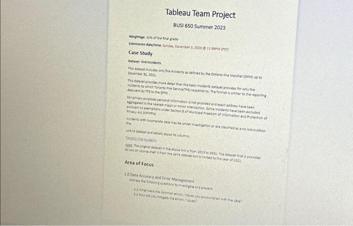 Solved Tableau Team Project BUSI 650 Summer 2023 Weightage: | Chegg.com