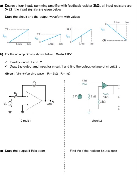 Solved a) Design a four inputs summing amplifier with | Chegg.com