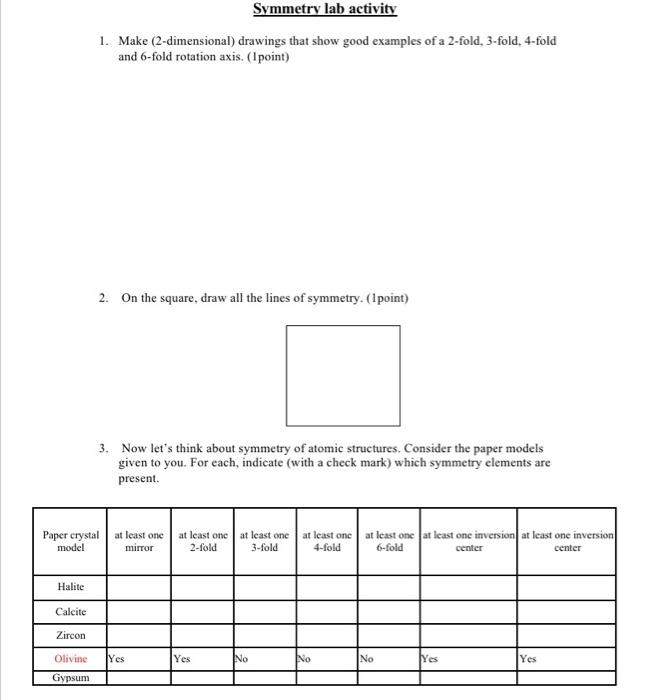 Symmetry lab activity 1. Make (2-dimensional) | Chegg.com