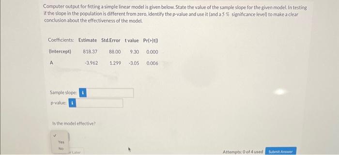 Solved Computer output for fitting a simple linear model is | Chegg.com