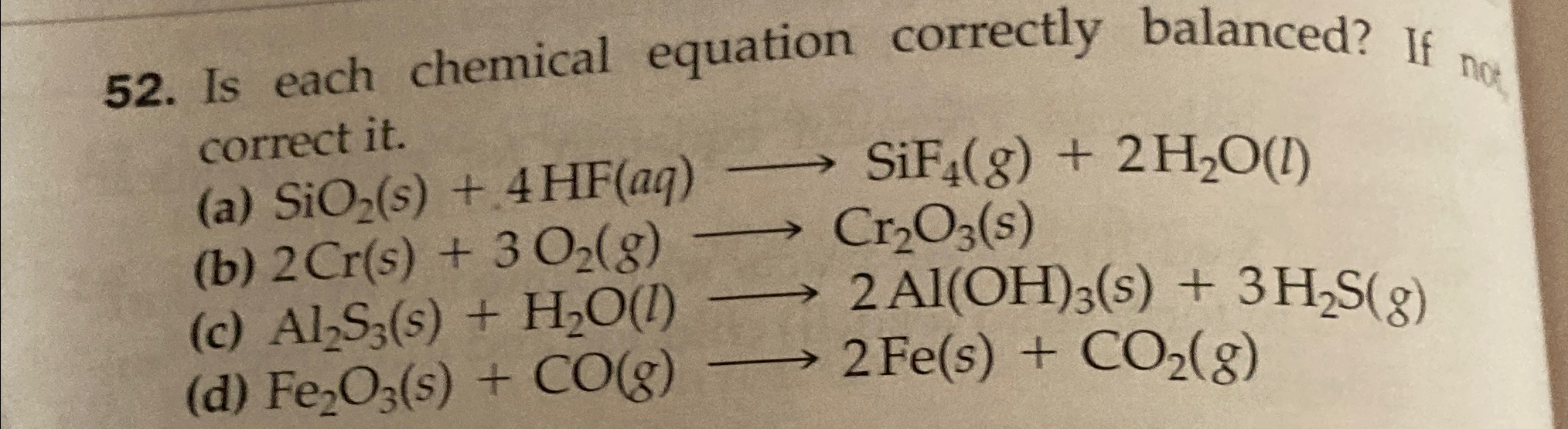 Solved Is each chemical equation correctly balanced? If noy | Chegg.com