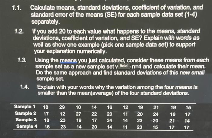 Solved 1.1. Calculate means, standard deviations, | Chegg.com