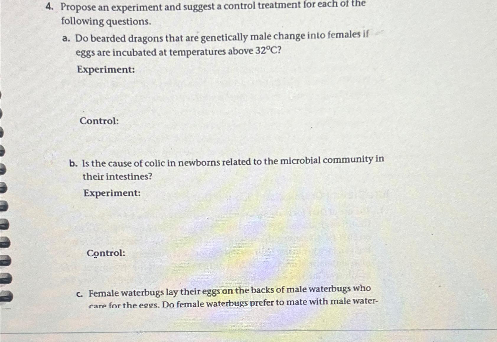 Solved Propose an experiment and suggest a control treatment | Chegg.com