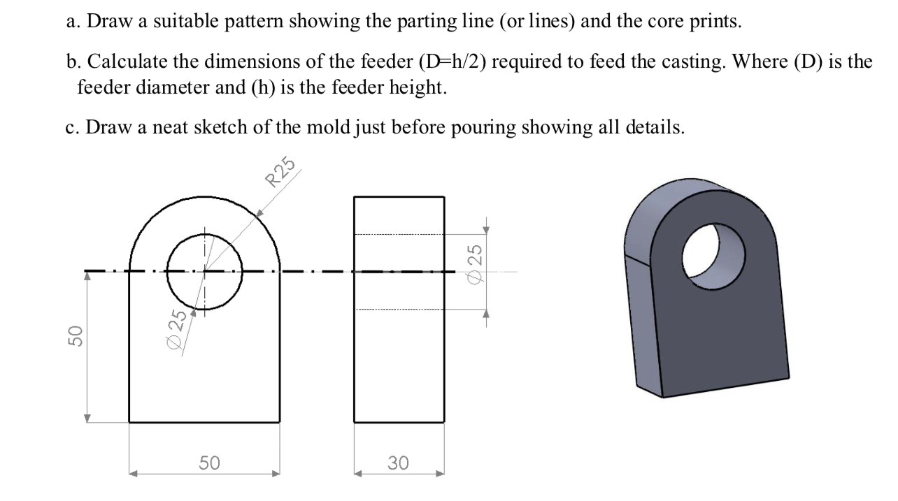 Solved a. ﻿Draw a suitable pattern showing the parting line | Chegg.com