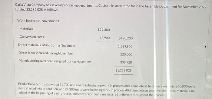 Solved Carla Vista Company has several processing | Chegg.com