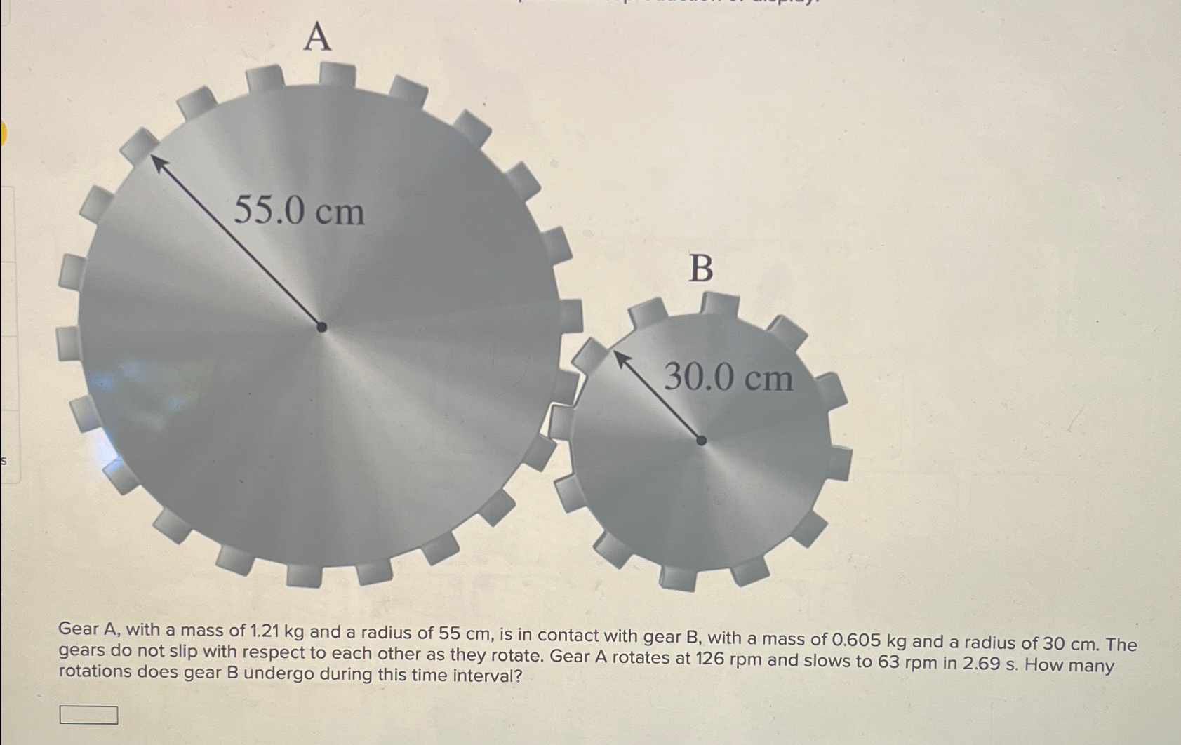 Solved Gear A, ﻿with a mass of 1.21kg ﻿and a radius of 55cm, | Chegg.com