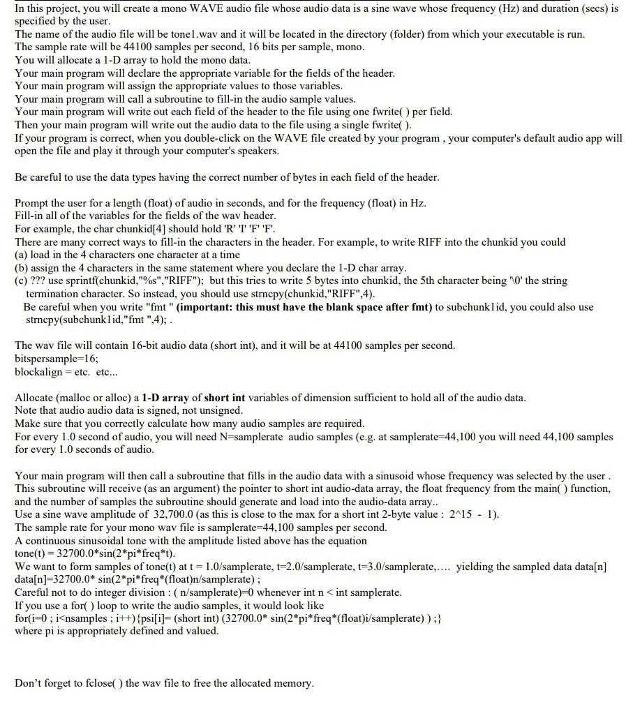 Solved In this project, you will create a mono WAVE audio | Chegg.com