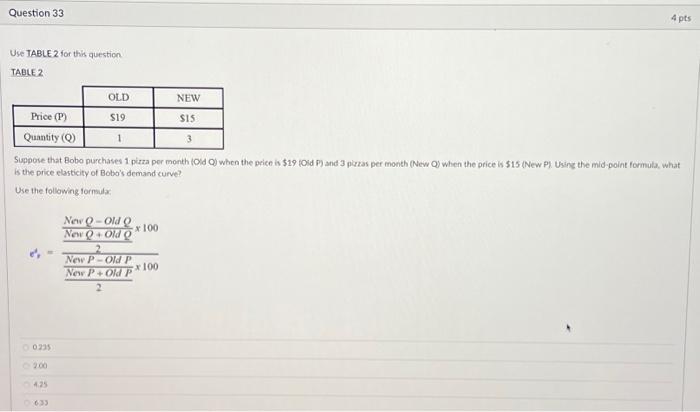 Solved Question 33 Use TABLE 2 for this question. TABLE 2 | Chegg.com